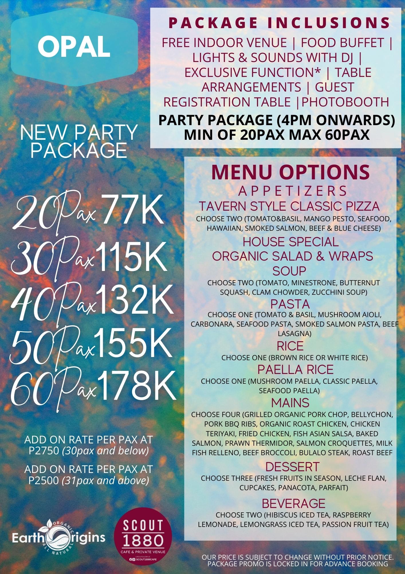 PARTY PACKAGE – SCOUT1880 CAFE & PRIVATE VENUE