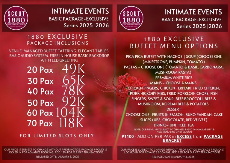 BASIC PACKAGE- 1880 EXCLUSIVE – SCOUT1880 CAFE & PRIVATE VENUE