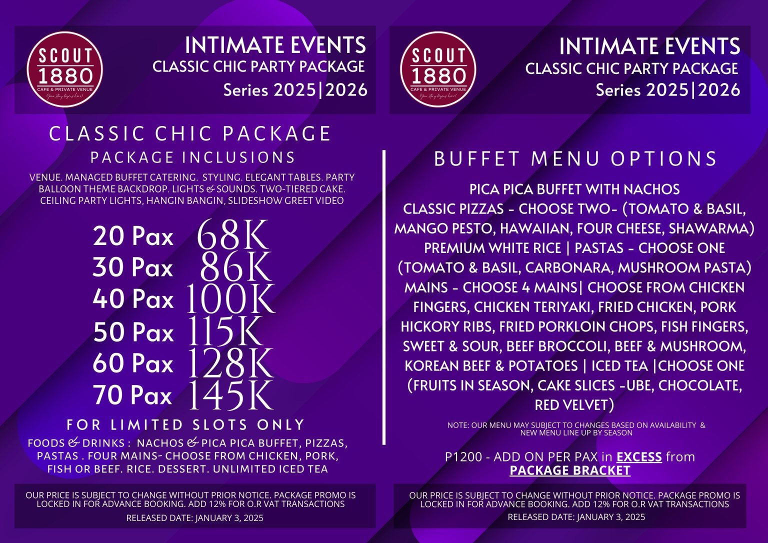 CLASSIC CHIC PACKAGE – SCOUT1880 CAFE & PRIVATE VENUE